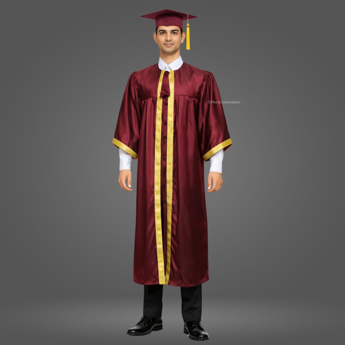 Maroon Shiny Graduation Gown and Cap with Golden Border – Mera Convocation
