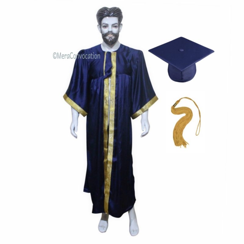 Navy Blue Shiny Graduation Gown and Cap with Golden Border – Mera ...