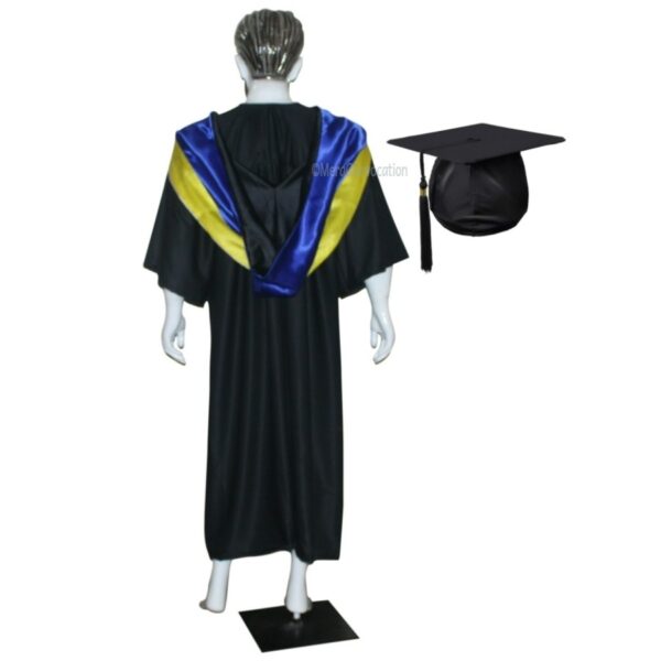 Black Graduation Gown and Cap with Royal Blue and Yellow Hood – Mera ...