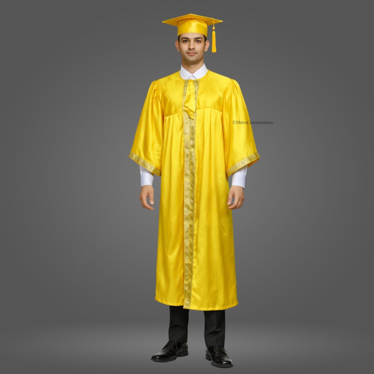 Yellow Shiny Graduation Gown and Cap with Golden Border – Mera Convocation