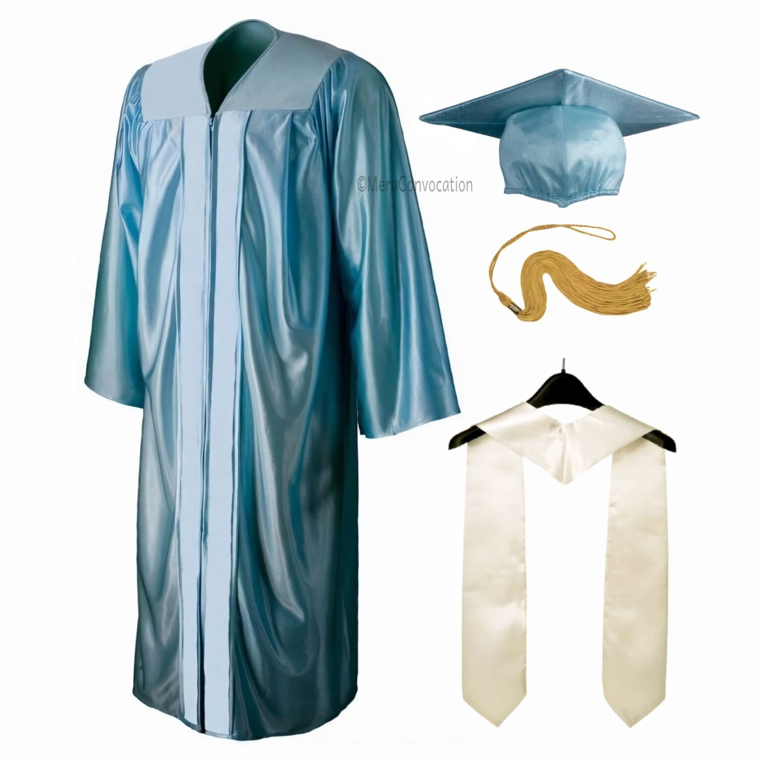 Sky Blue Shiny Convocation Gown and Cap with White Stole – Mera Convocation