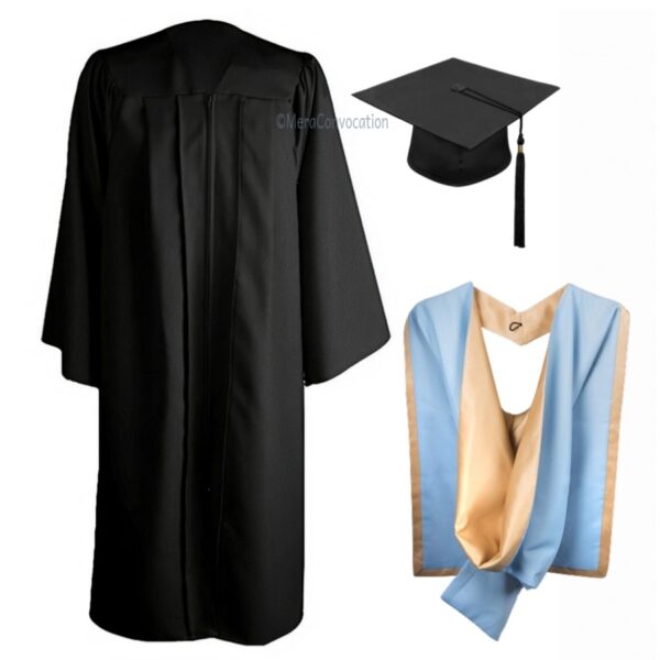 Black Graduation Gown and Cap with Sky Blue and Cream Hood – Mera ...