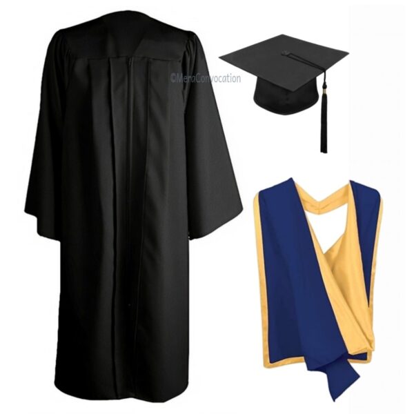 Black Matte Graduation Gown and Cap with Royal Blue and Yellow Hood ...