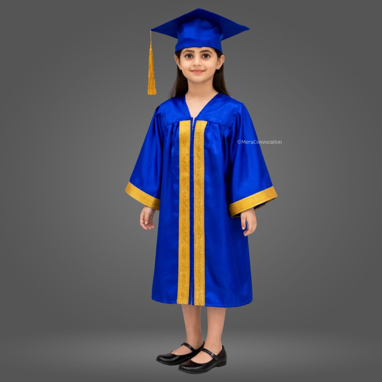 Royal Blue Shiny Kids Graduation Gown with Golden Border and Cap – Mera ...